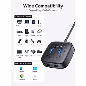 USB Hub, USB 3.0 Hub with 4 USB A Port 5Gbps, 1.8ft Extension Cable, Micro Charging Port, USB Splitter USB Expander for Laptop, HDD, Flash Drive, Macbook, XPS, PS5, TV, PC, Switch More [Universal]