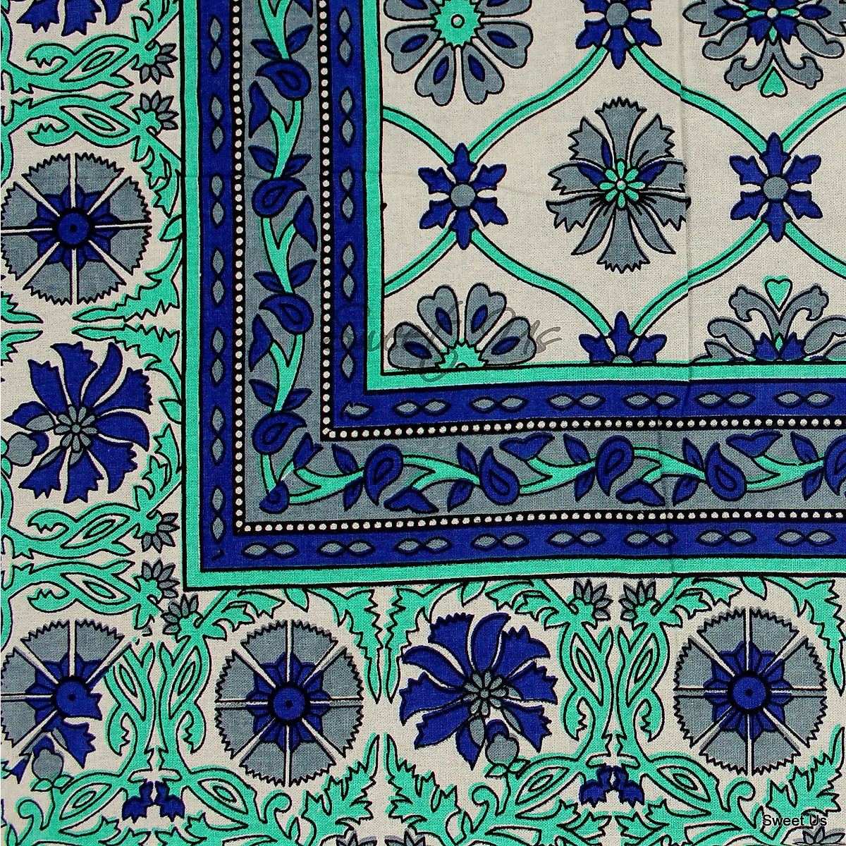 Sweet Us Floral Tablecloth for Rectangle Tables, Cotton Floral Kitchen Dining Table Cloth and Napkin Bundle, Table Linen White Gray Turquoise Blue, Table Cover for Indoors and Outdoors 70 x 104 in