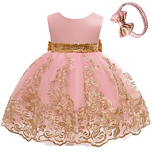 0-6T Big Bowknot Sequins Embroidered Lace Party Tutu Gown Toddler Baby Girls Dress with Headwear Easter Ball Gown Dress Pink 80