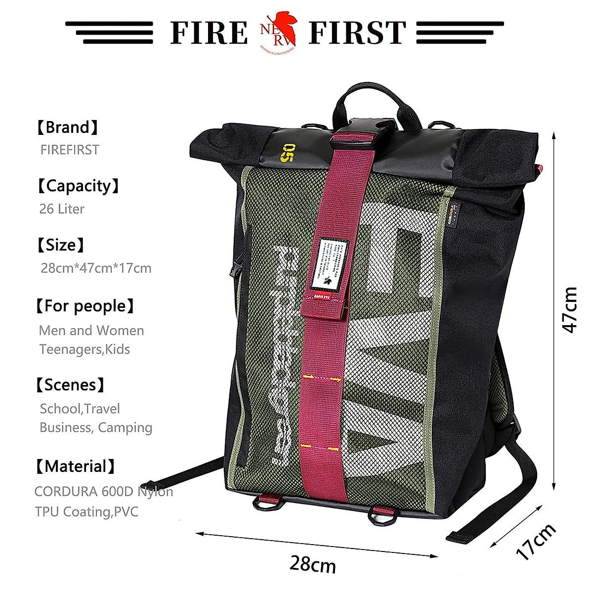 FIREFIRST Evangelion Backpacks for Men's Women's 26L Waterproof Travel Leisure School Bag