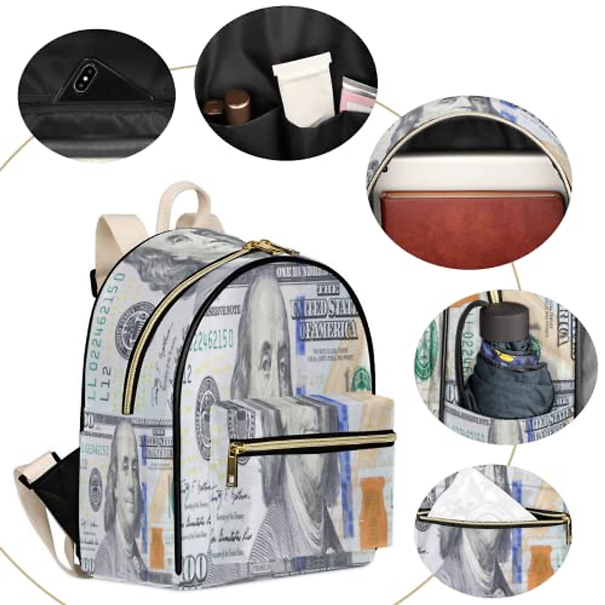 Backpack Purse for Women Money 100 Dollar Bill PU Leather Mini Backpack Small Fashion Casual Shoulder Bag Lightweight Waterproof Daypacks for Ladies Kids Teen Girl Travel Hiking