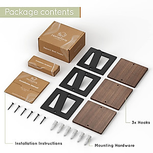 Walnut Wood Black Square Metal Hooks for Hanging Coats - Set of 3 Wall Coat Hook Rack with Hat Hooks for Wall