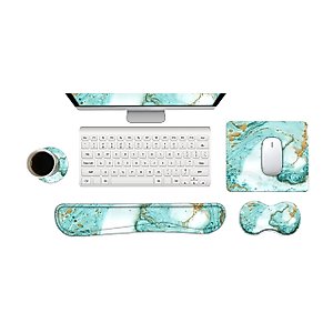 ArtSo Keyboard Wrist Rest and Mouse Pad with Wrist Support Set Ergonomic Coaster, Memory Foam Mousepad Non-Slip Rubber Base Durable Comfortable for Easy Typing Pain Relief, Teal Turqoise Marble