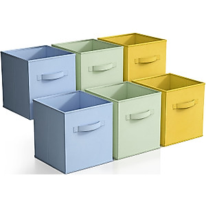 Sorbus 11 Inch Cube Storage Bins Bundle - Set of 6 Pastel Rainbow Bins & Set of 6 Blue, Green, and Yellow Bins (12 Storage Bins Total)