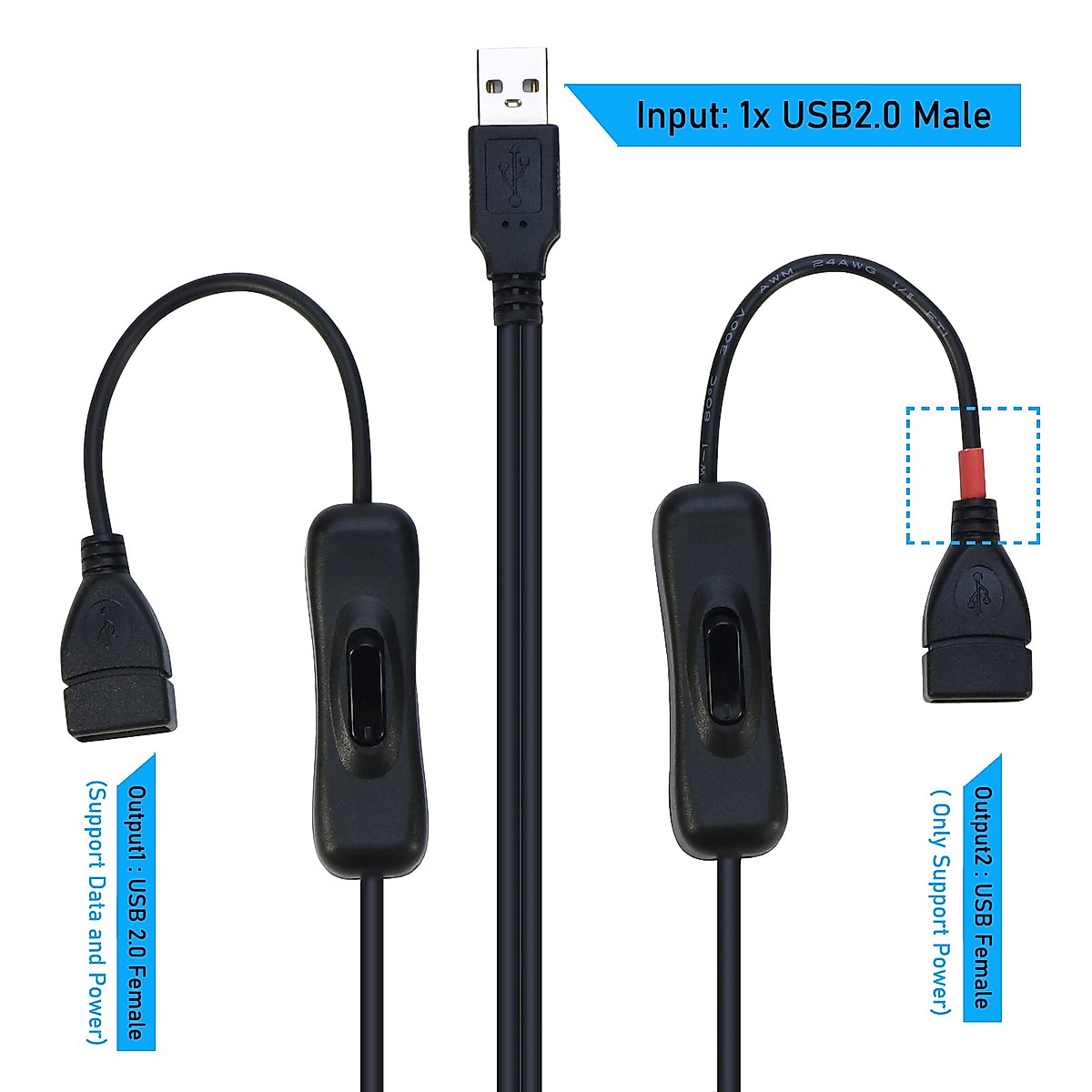RIITOP USB Splitter with ON/Off Switch [3.3FT], USB 2.0 Extension Male to Female Cable (1x USB Data and Power Female and 1x USB Power Female)