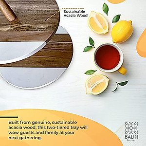 BALIN DESIGNS Two Tiered Serving Tray, White Round Acacia Wood Tiered Tray, 2 Tier Serving Stand for Kitchen Counter Decor, Round Wooden Trays for Home Decor - White Marble