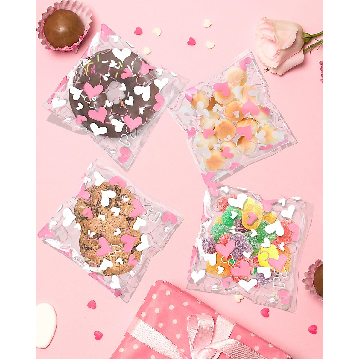RAYNAG 200 Pcs Resealable Cellophane Bags Self Adhesive Cookie Cello Bags Lovely Heart-shaped Printed Poly Candy Bags for Dessert, Party Treats, Bakery, Candle, Soap, 3.74"x2.75"