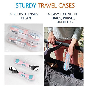 Toddler Silverware, Kids Utensils, Stainless Steel Forks Spoons Set with Travel Case for 1 2 3 4 year old. Metal Cutlery for Children, Girls Boys Baby, Round Handle 8 Pieces (4 sets) Pink Blue, Orange