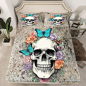 Feelyou Skull Fitted Sheet Full Size Flower Bedding Set for Boys Girls Teens Butterfly Bed Sheet Set Grey Bed Cover Room Decor