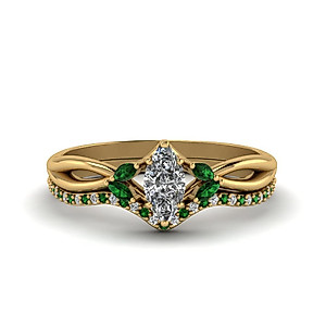 CaratYogi Marquise Cut Twisted Diamond Bridal Set yellow gold plated Created Emerald Marquise shape Green color Wedding Ring Sets prong Setting in Size 6 Handcraft Chakra Healing