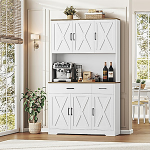 HOSTACK 71" Pantry Cabinet with Charging Station, Tall Kitchen Pantry Storage Cabinet with Microwave Stand, Farmhouse Kitchen Hutch Cabinet with Storage Drawers for Living Room, Dining Room, White