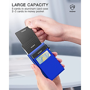 YESIIW Pop up Credit Card Holder RFID Blocking with Money Pocket Minimalist Business Card Wallet for Men Slim Aluminum Metal Bank Card Case for Cards and Notes and Coins Royal Blue