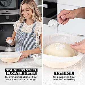 10 Inch Bread Proofing Basket Set with Stainless Steel Accessories, EQUALS BREAD Banneton Bread Proofing Basket, Whisk, Lame, Scraper, Cutter, Sifter, Liner, Bag and Stencil, Bread Baking Kit