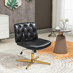 HomVent Armless Office Desk Chair No Wheels, PU Leather Tufted Padded Cute Desk Chair, Modern Ergonomic Computer Desk Chair w/Gold Cross Base,Adjustable Swivel Desk Chair for Makeup Vanity Study Black