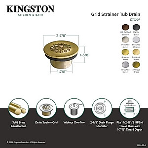 Kingston Brass DTL207 Tub Drain Strainer and Grid, Brushed Brass