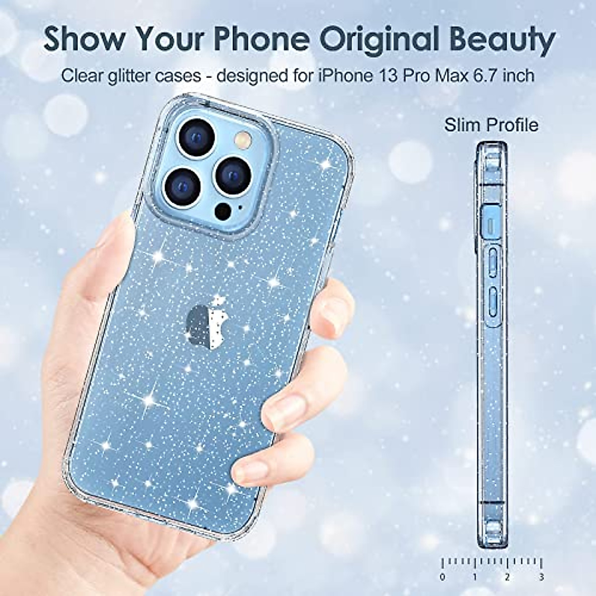 Hython Case for iPhone 13 Pro Max Case Glitter, Cute Sparkly Clear Glitter Shiny Bling Sparkle Cover, Anti-Scratch Hard PC Slim Fit Shockproof Protective Phone Cases for Women Girls, Clear Glitter