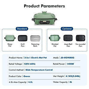 Joydeem 3-in-1 Electric Hot Pot, Multi-use Shabu Shabu Pot with Grill Pan & Steamer, UL Listed, Non-stick Ceramic Oil Coating, 4.5L, JD-HG9088G, Green