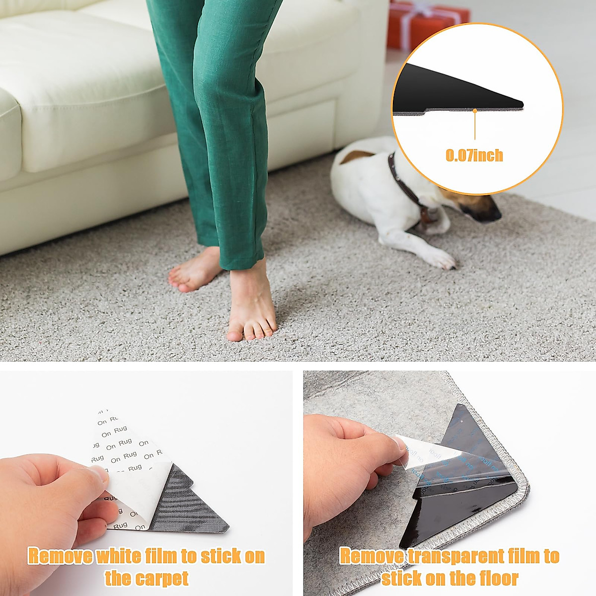 Rug Tape , 10 Pcs Double Sided Non Slip Reusable Rug Stopper, Washable Rug Tape for Hardwood Floors, Tile Floors, Carpets, Floor Mats, Wall (Black)