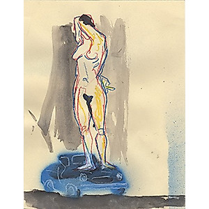 Nude standing on a blue car