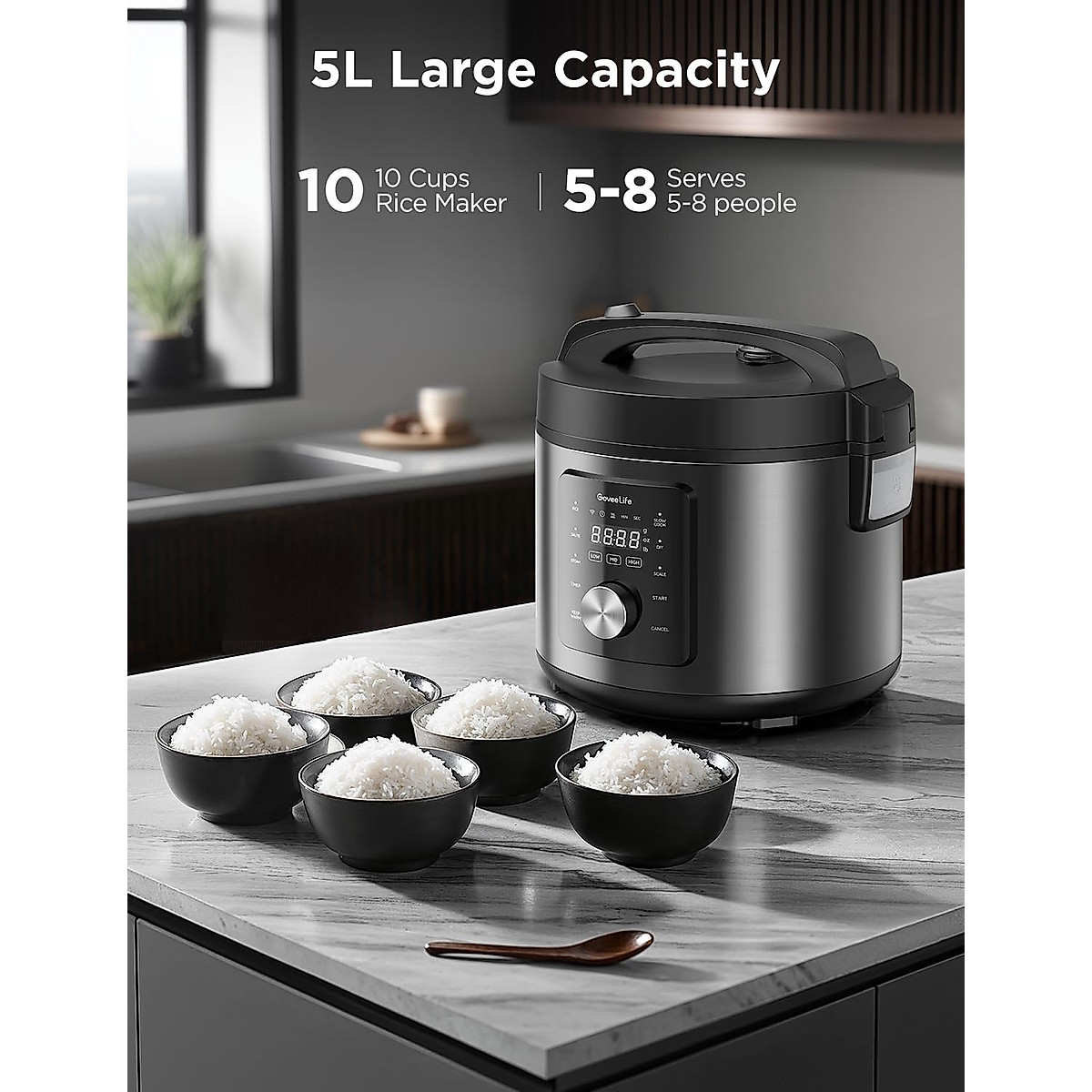 GoveeLife Smart Rice Cooker, 6-in-1 Multi-Cooker, Slow Cooker, Yogurt Maker, Saute Pan, Steamer, Food Warmer, 1000W, 10-Cup Uncooked 5.2 Quart, Includes App with 33 Recipes