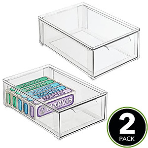 mDesign Plastic Stackable Bathroom Storage Organizer Bin with Pull Out Drawer for Cabinet, Vanity, Shelf, Cupboard, Cabinet, or Closet Organization - Lumiere Collection - 2 Pack - (Clear, 8 x 12 x 4)