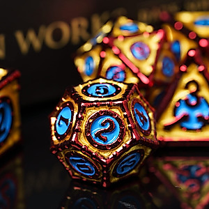 UDIXI Metal DND Dice Set, 7PCS Polyhedral D&D Dice Set Pipe d n d Dice for Dungeons and Dragons Gift, Metal Dice Set d&d for Role Playing Dice(Golden Blue)