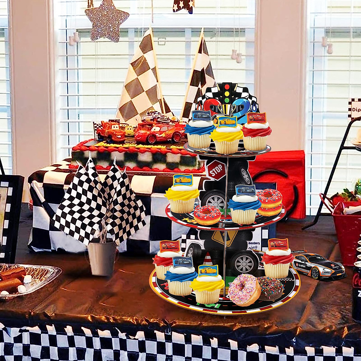 Waenerec Race Car Birthday Party Supplies 8PCS Tire Balloons & 3 Tier Cupcake Stand Food Display Dessert Holders Tower for Kids Classic Car Party Decorations