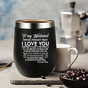 HAINANBOY Gift for Husband Wine Tumbler Anniversary Birthday Gift for Him, with Lid Stemless Double Wall Stainless Steel 12 oz Wine Glasses - Black Tumbler Present for Husband from Wife