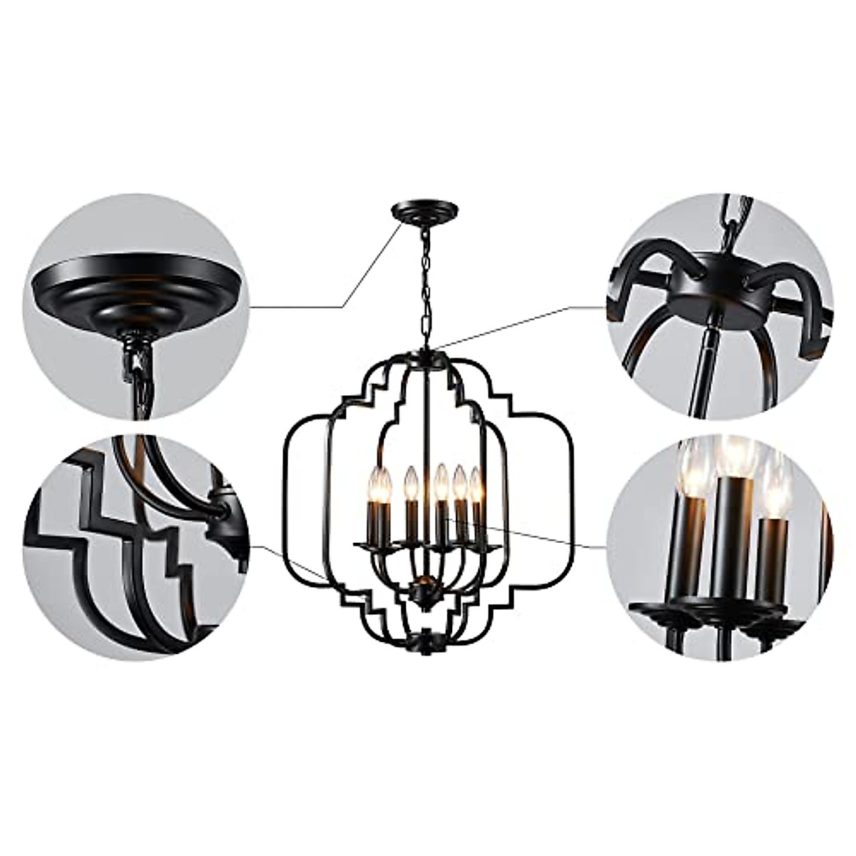 Saint Mossi Black Farmhouse Chandelier with 6 Lights,Lantern Metal Pendant Lighting for Dining Room,Living Room,Kitchen,Foyer,W23 x H26 with Adjustable Chain