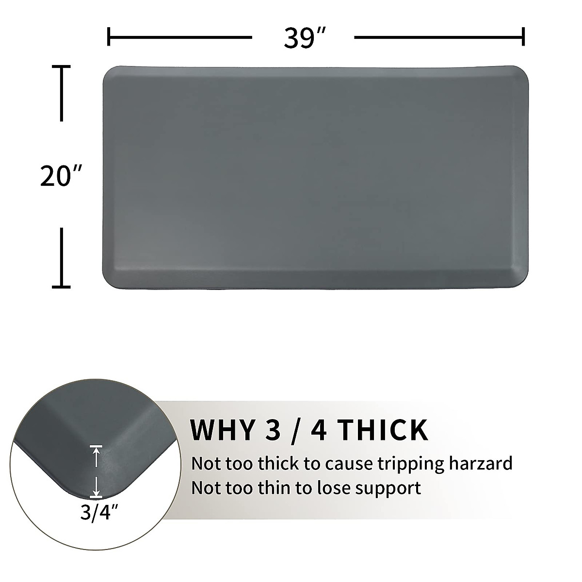 Thick Anti Fatigue Comfort Mat for Standing Desks, Non-Slip Standing Kitchen Mat, Waterproof Floor Mat, Commercial Pads for Offices, Home, Garages(Grey)…