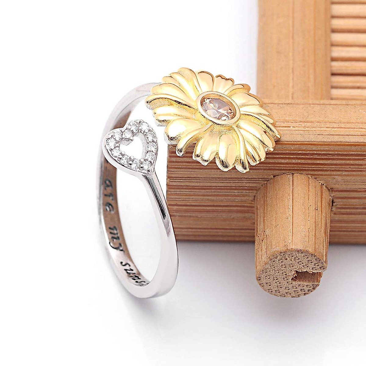 Sunflower Adjustable Ring by Ginger Lyne Champagne Cubic Zirconia Sterling Silver Rings for Women You Are My Sunshine Heart Bendable Wrap Love Promise Fashion Jewelry