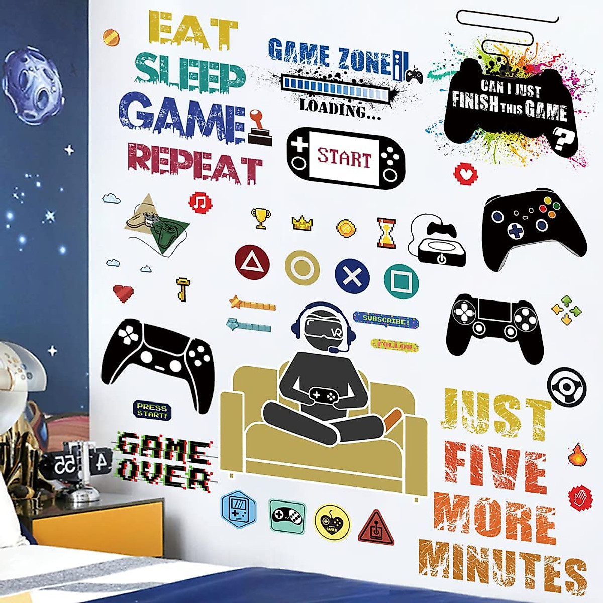 48 Pieces Creative Video Game Room Decor Excellent in Gamer Girl Accessories and Posters for Boys Bedroom, Wall Decals Decorations for Playroom Kids Room Teens Room