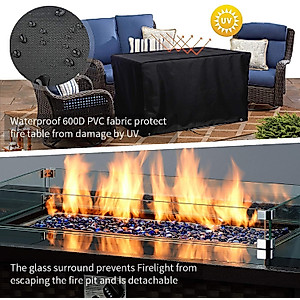 U-MAX 44in Outdoor Propane Gas Fire Pit Table, 50,000 BTU Auto-Ignition Gas Firepit with Glass Wind Guard, Black Tempered Glass Tabletop & Blue Glass Rock, Brown PE Rattan, CSA Certification