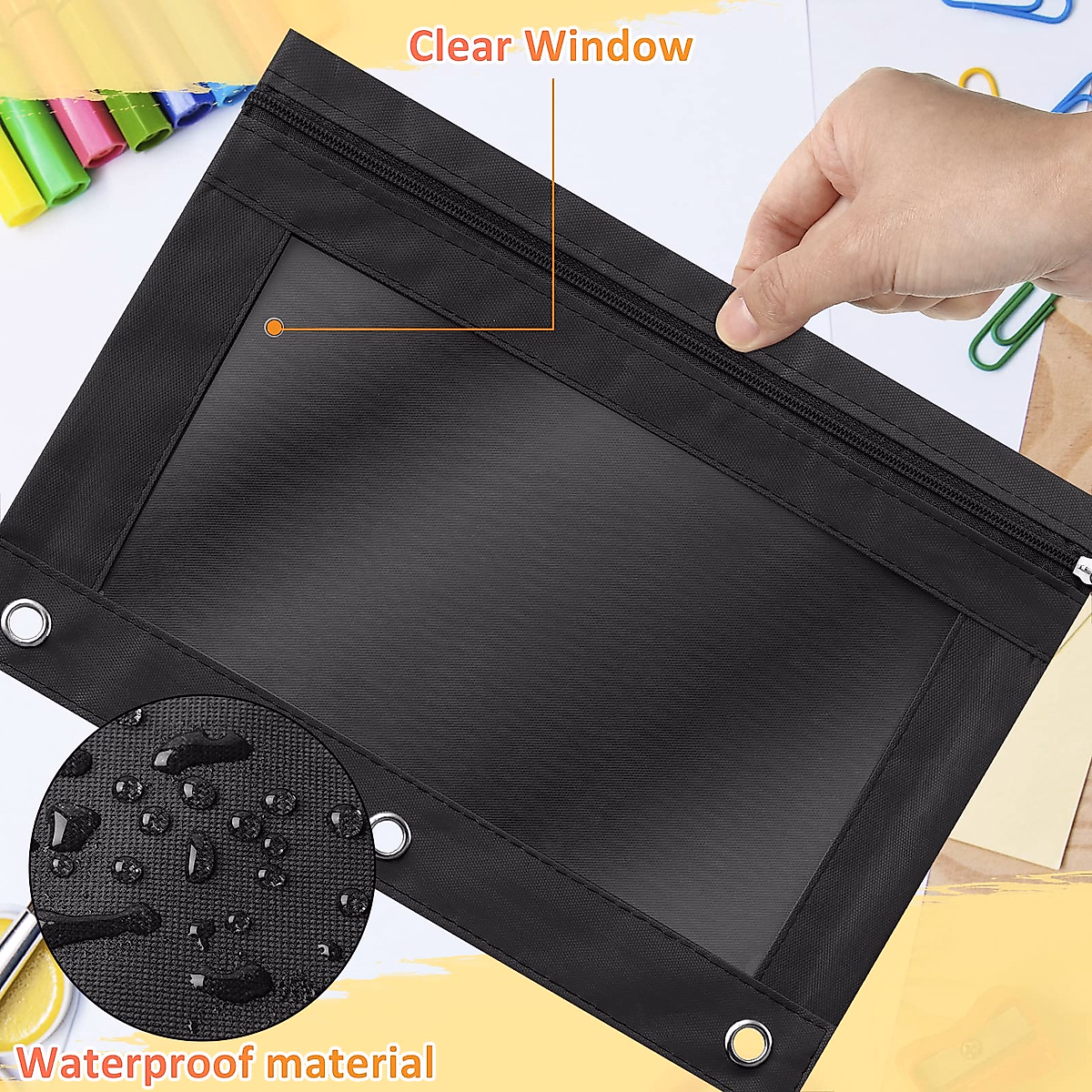 Thenshop 96 Pcs 3 Ring Pencil Pouch, Pencil Zipper Pouches for 3 Ring, Zipper Pencil Pouches Bulk, Binder Pencil Bag, Pencil Cases with Clear Window for Boy Girl School Office Supplies