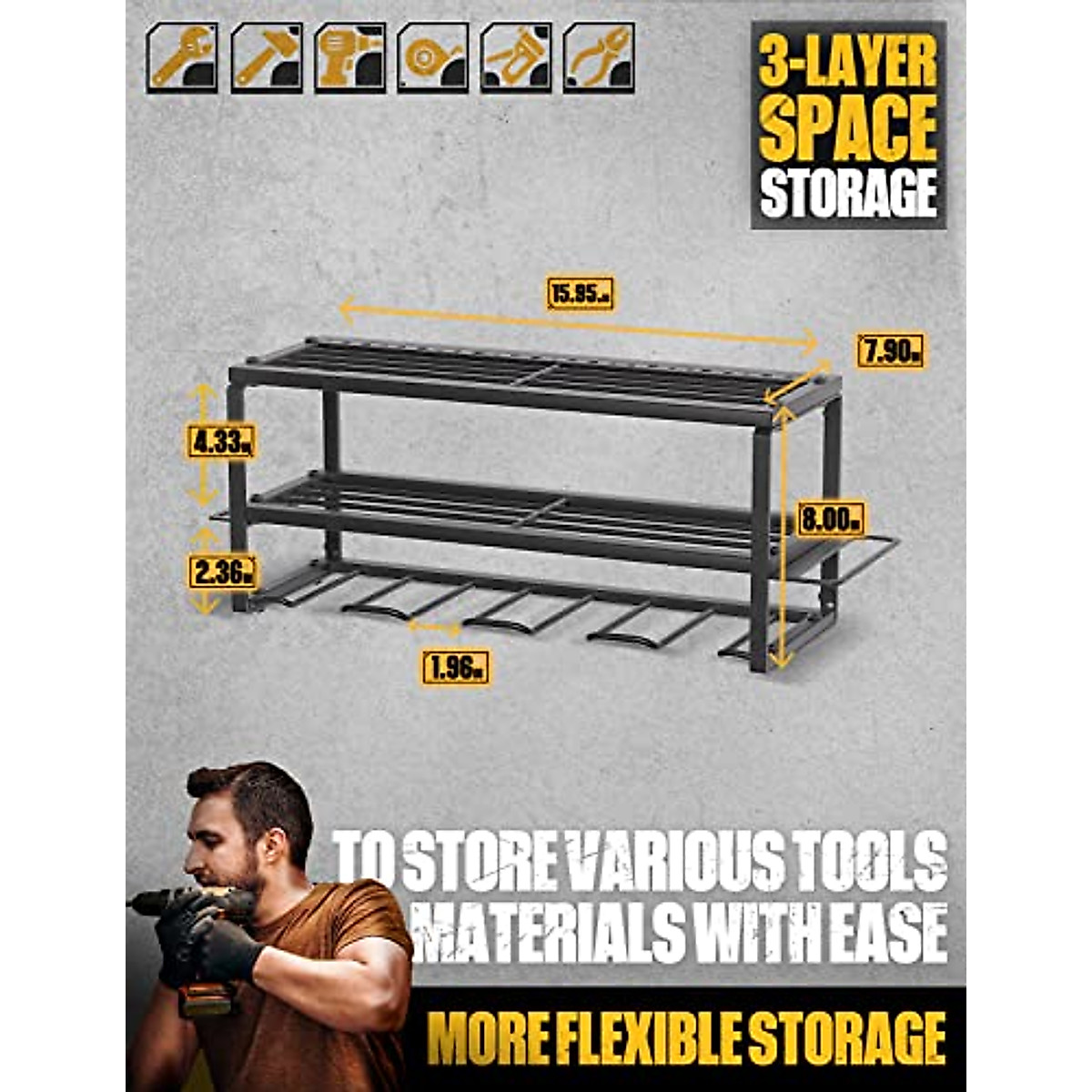 Power Tool Organizer with Charging Station, Drill Holder Wall Mount, Garage Storage Rack for Handheld, Metal Tool Shelf, Utility Rack for Cordless Drill & Power Tools, Gifts for Father's Day