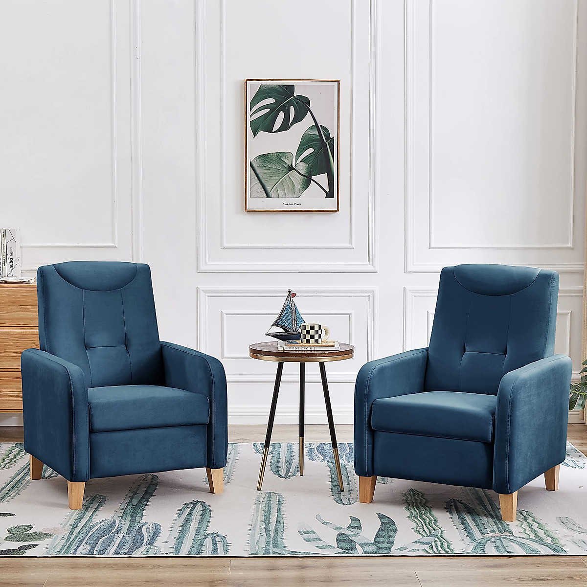 Pingliang Home Modern Accent Chair, Velvet Living Room Arm Chair with High Backrest and Wooden Legs, Comfy Reading Chair for Living Room Bedroom Small Space, Blue