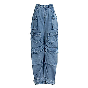 Vakkest Womens Jeans Cargo Pants Casual Wide Leg Flap Pocket Baggy Combat Military High Waist Denim Trouser Clubwear Y2K
