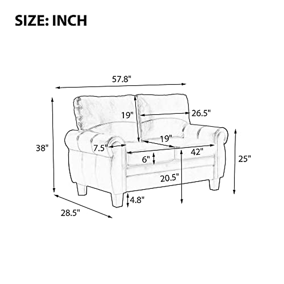 Mid-Century Upholstered Loveseat,Oloduamre PU Leather and Plywood Couch with Rolled Arm for Home or Office (Light Grey, Love Seat)