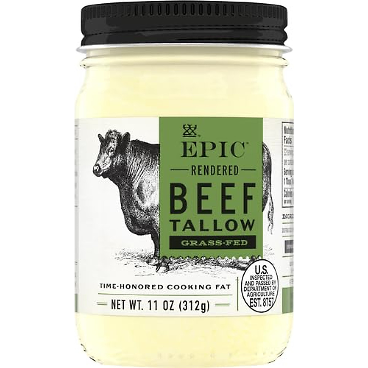 EPIC Beef Tallow, Grass-Fed, Keto Friendly, Whole30, 11oz Jar