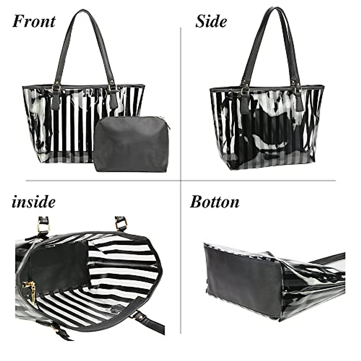 2 in 1 Semi Clear Beach Tote Bags Large Work Shoulder Bag with Interior Pouch (Black)