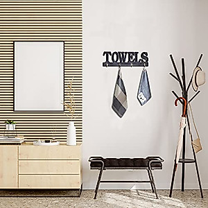 Black Wood Towel Hooks for Bathroom Decorative Cutout Word Sign Wall Decor, Wall Mounted Towel Rack Hanger Hanging Word Sign with 4 Hanging Hooks