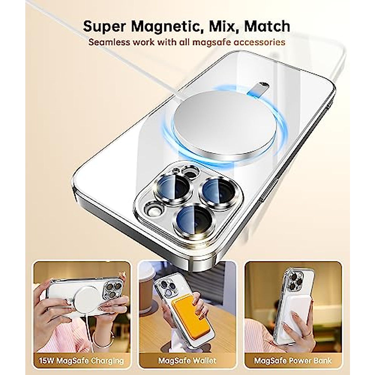 Waldeng for iPhone 13 Pro Max Case with Integrated Camera Lens Protection, [Seamless Work with Magsafe] [Metallic Glossy Soft Bumper], Diamond Clear Stylish Case for iPhone 13 Pro Max, Shiny Silver