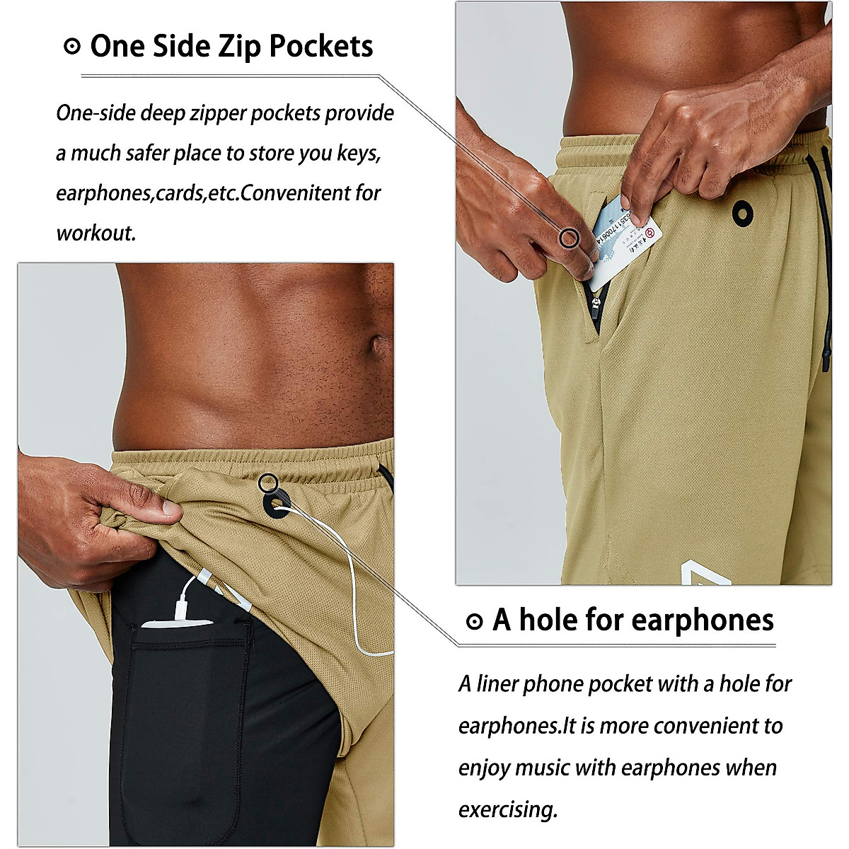Pinkbomb Men's 2 in 1 Running Shorts Gym Workout Quick Dry Mens Shorts with Phone Pocket (Khaki, Medium