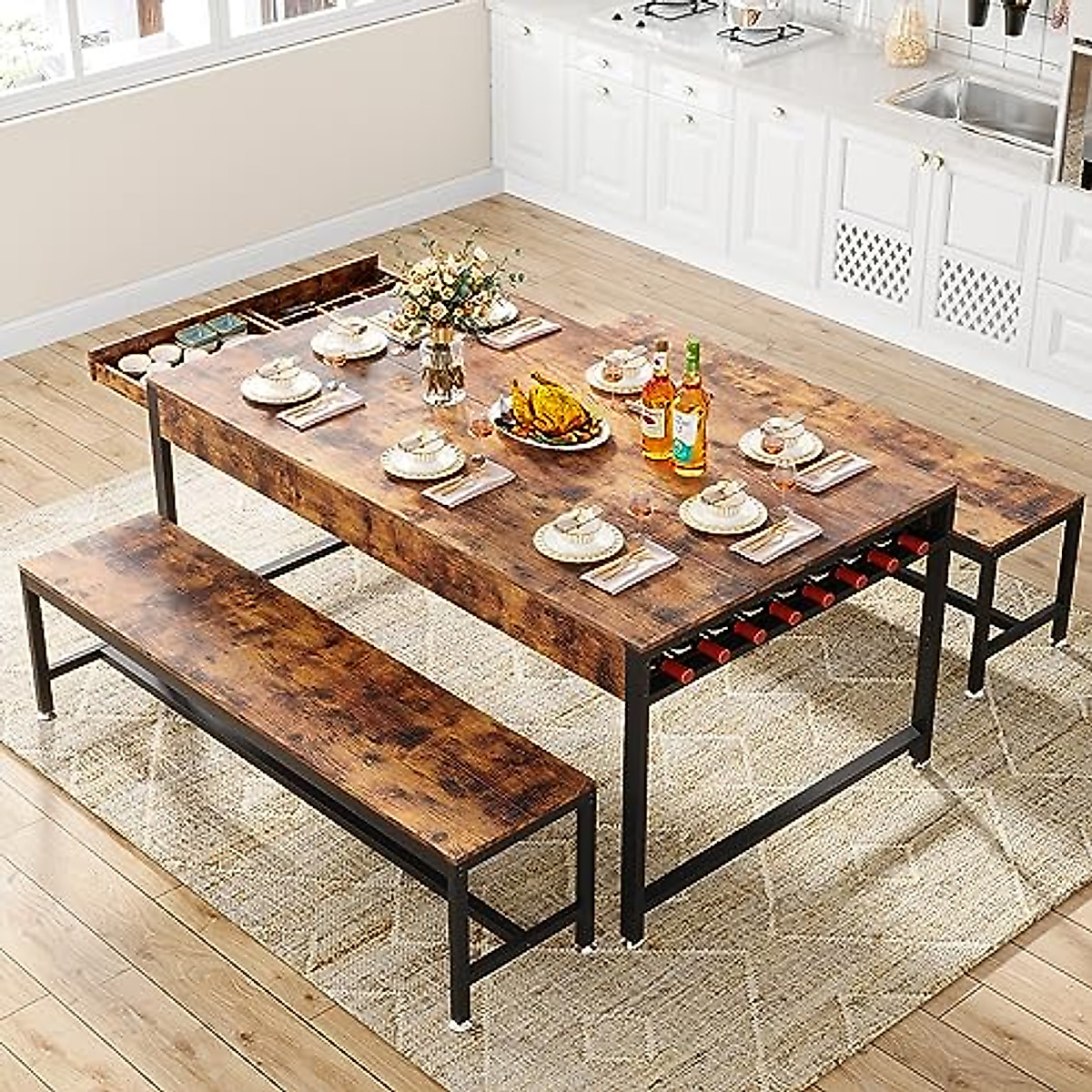 Loomie 63" Dining Table Set for 4-6, 3-Piece Kitchen Table with 2 Utensil Drawers, 2 Benches & Wine Rack, Modern Space Saving & Heavy Duty Dinner Table Set with Metal Frame & MDF Board, Rustic Brown