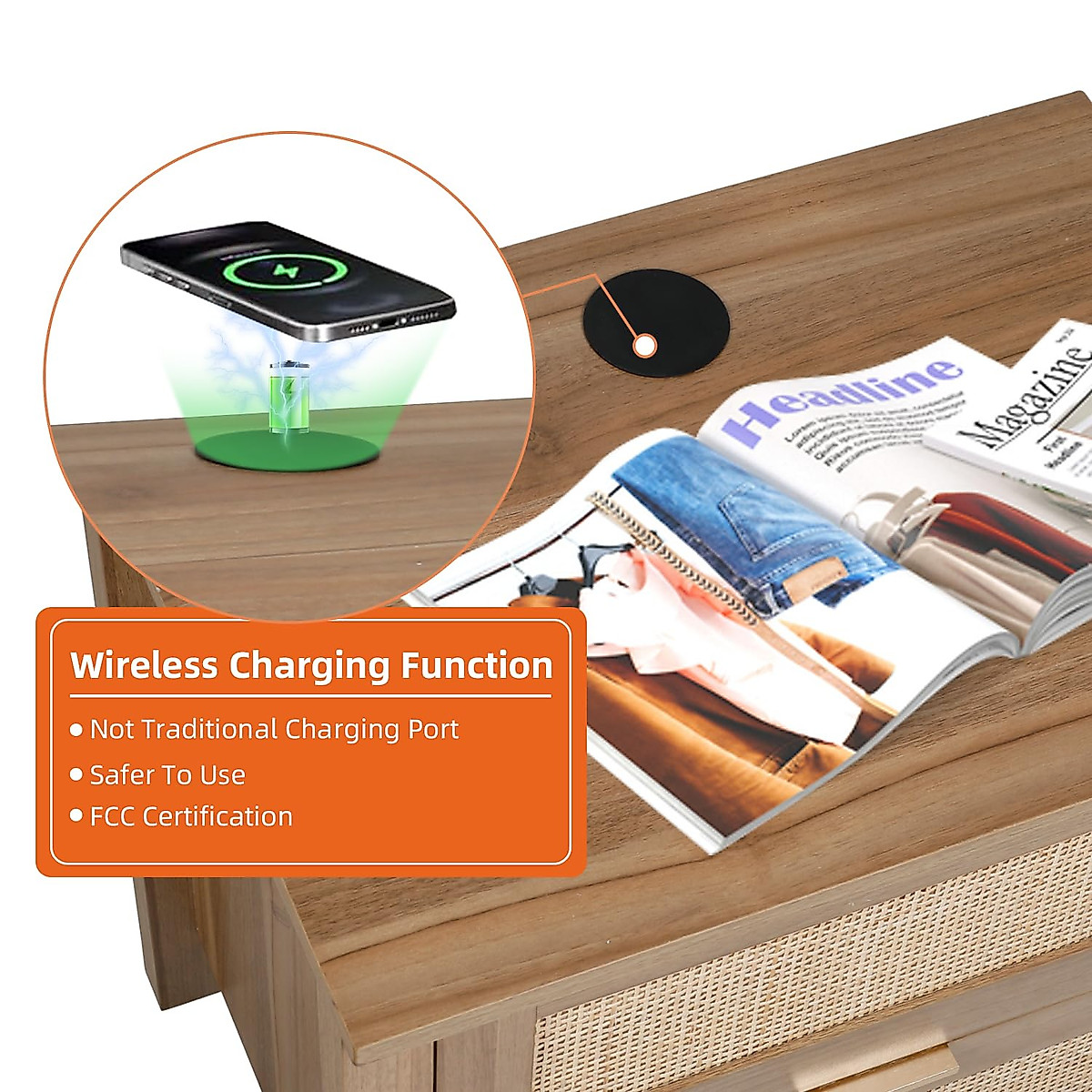 AILEEKISS Night Stand Set of 2 Rattan Nightstands with Wireless Charging Station, Wood Accent Bed Side End Tables with 2 Rattan Drawers, Modern Bedside Stand for Bedroom, Living Room (Natural Oak)