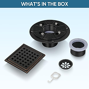 TICONN 4'' Square Floor Shower Drain, Lattice Square Perforated Pattern Easy Cleaning Removable Grate, Rustproof SUS 304 Stainless Steel (Oil Rubbed Bronze, 4'')