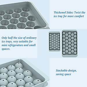 Idosf Round Ice Cube Tray with Lid & Bin for Mini Fridge, Space-Saving Ice Trays for Freezer, 66 x 0.8IN Sphere Ice Cube Mold Making, 2 Pack Circle Ice Makers with Ice Buckets & Scoop