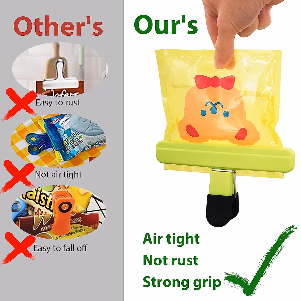 Chip Bag Clips 9pcs Air Tight, Heavy Duty, Sturdy Plastic Clips for Food Storage Assorted Sizes Food Bag Clips for Kitchen Snacks