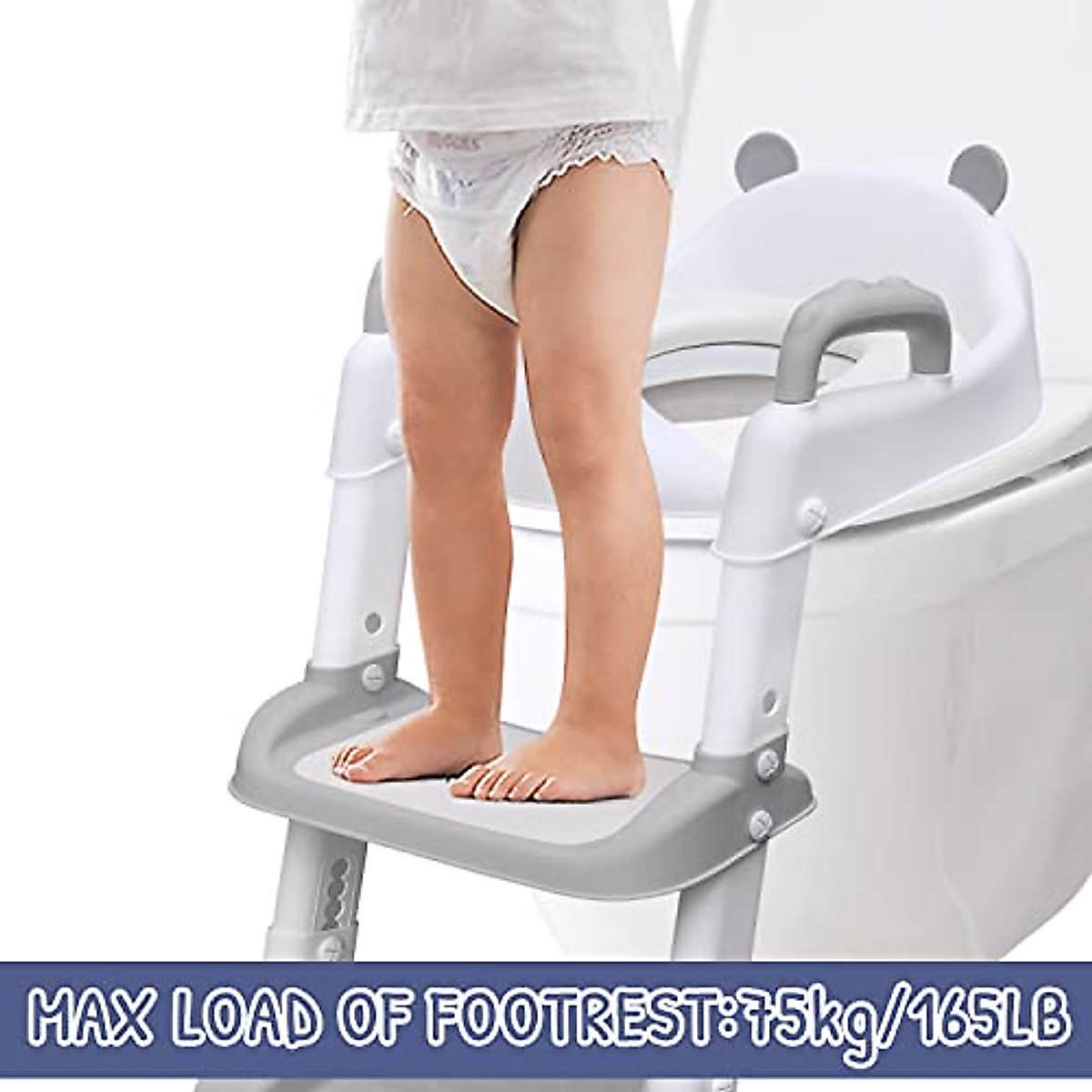 Potty Training Toilet Seat with Step Stool Ladder for Kids and Toddler Boys Girls - Soft Padded Seat with Foldable Anti-Slip Wide Step and Safety Handles - Gray