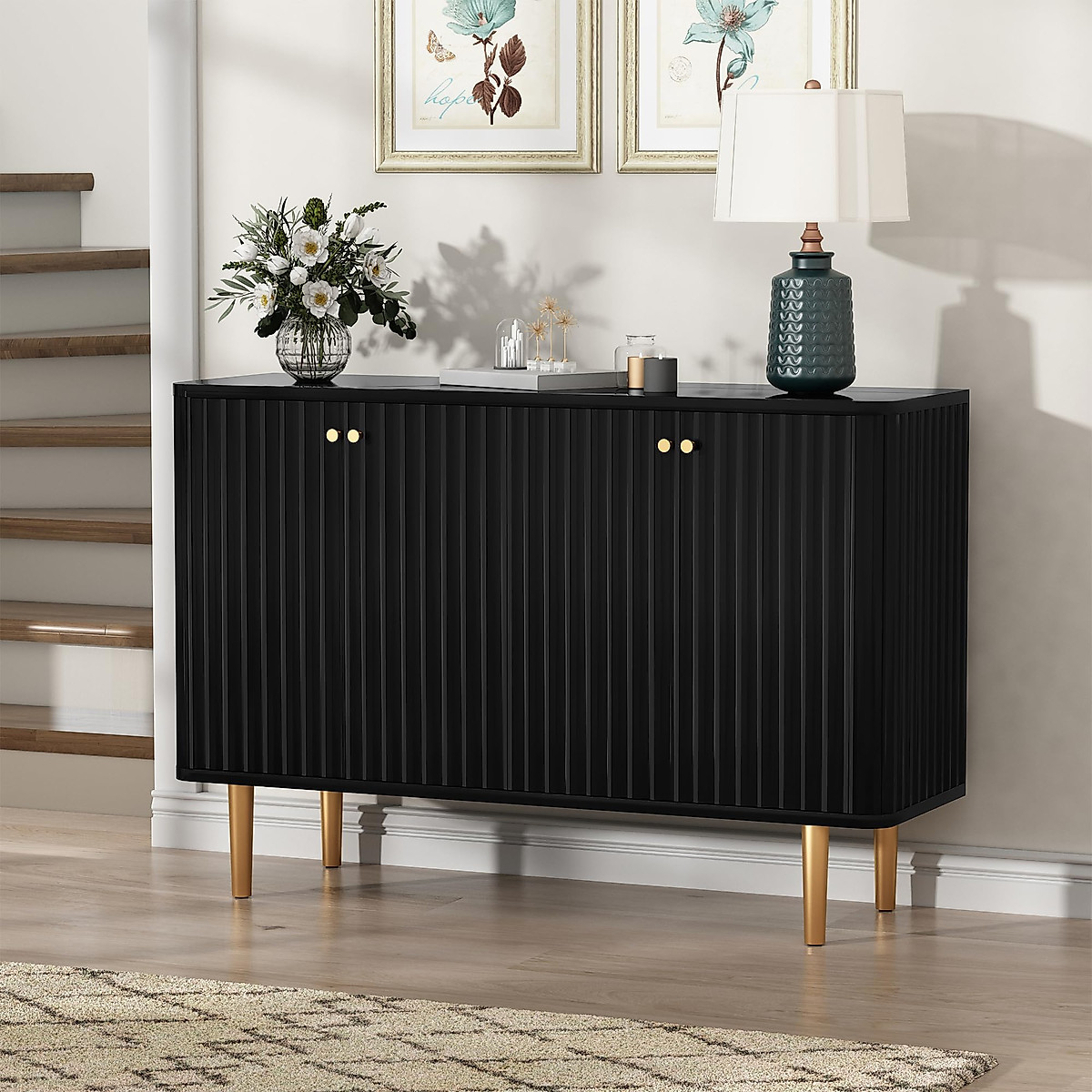 HLR Sideboard Buffet Cabinet, 48" Modern Accent Cabinet with 4 Door and Removable Shelves, Credenza Entryway Cabinet with Storage for Living Room, Dinning Room, Black